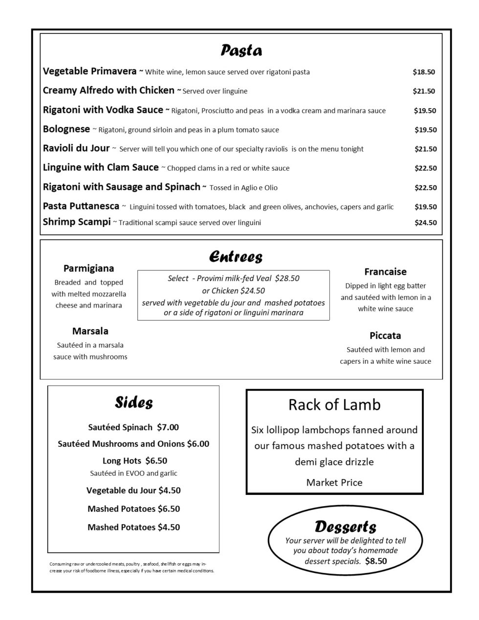 Dinner Menu | Paulie's at the Oaks on 44