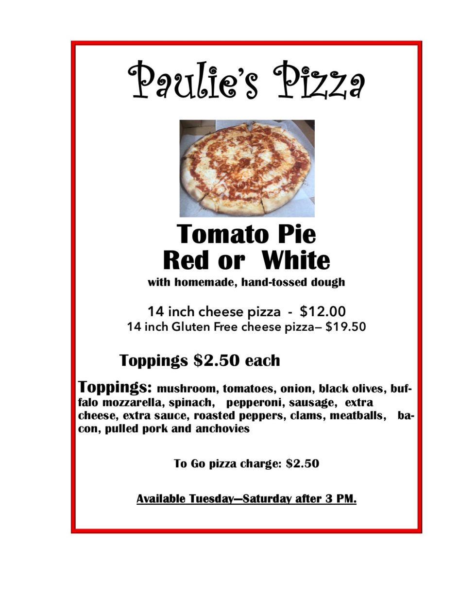 Pizza Menu | Paulie's at the Oaks on 44